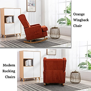 Dolonm Nursery Rocking Chair Upholstered Mid Century Modern Rocker Oversized Wingback Armchair for Living Room with Solid Wood Base (Orange)