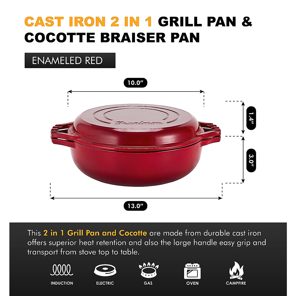Bruntmor 2-in-1 Pre-Seasoned Cast Iron Pan |Cocotte Double Braiser Pan with Grill Lid 3.3 Quarts - Barbecue Grill Non Stick Frying Pan - Nonstick Cookware Set with Wide Handle (Red)