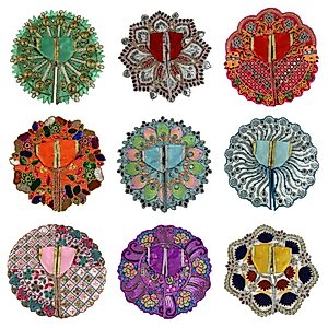 (4 No Size) Premium Colorful Embroidery Dress for Laddu Gopal Ji (Pack of 9) with 4 Zari Mukut, 4 Stone Mala, 4 Pair Kangan, 4 Flute | 8 inch Diameter Dress |C6