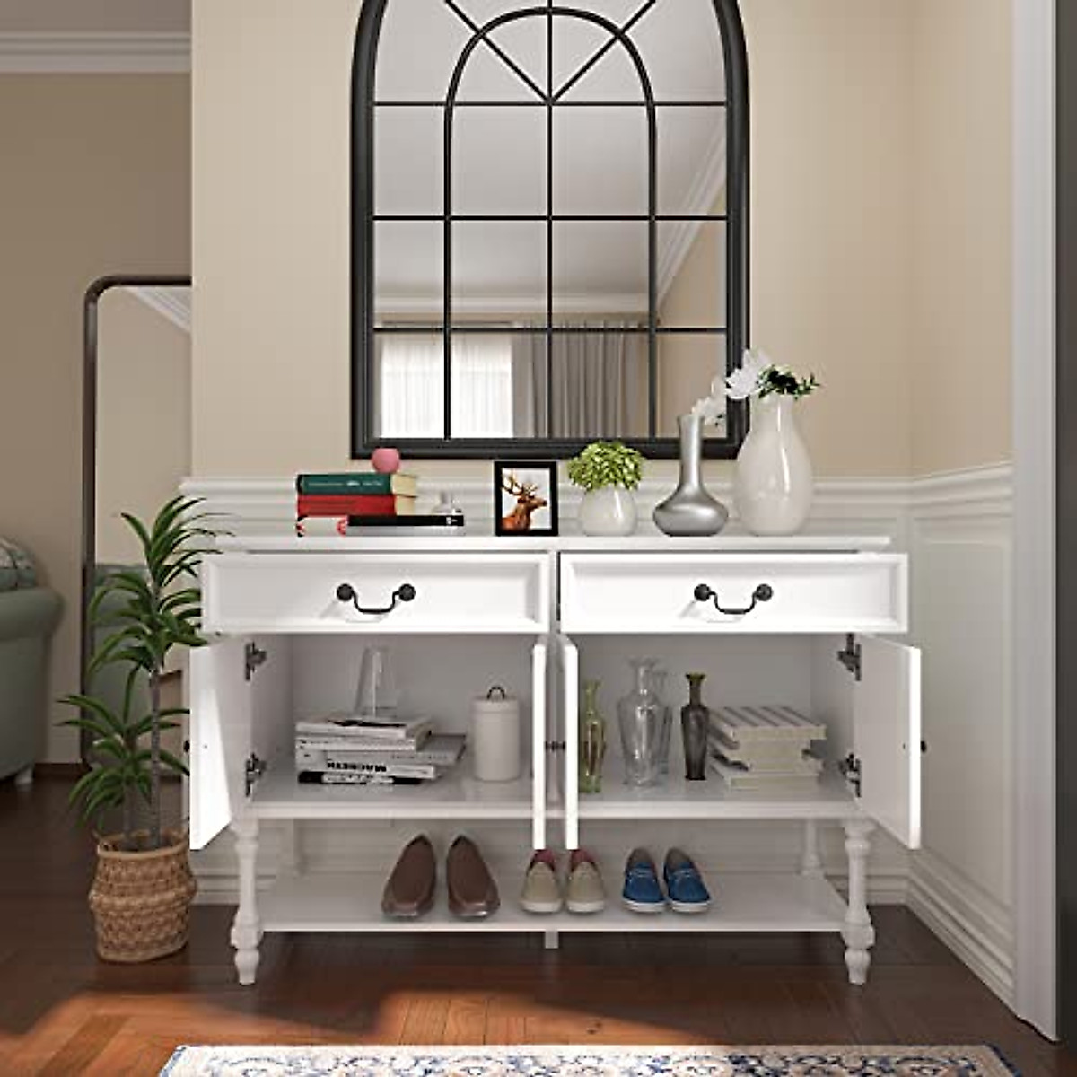 ECACAD Modern Sideboard Buffet Storage Cabinet with Drawers, Shelves & Carved Legs, Entryway Console Cabinet for Kitchen, Living Room, White (47.2”L x 15.7”W x 31.9”H)
