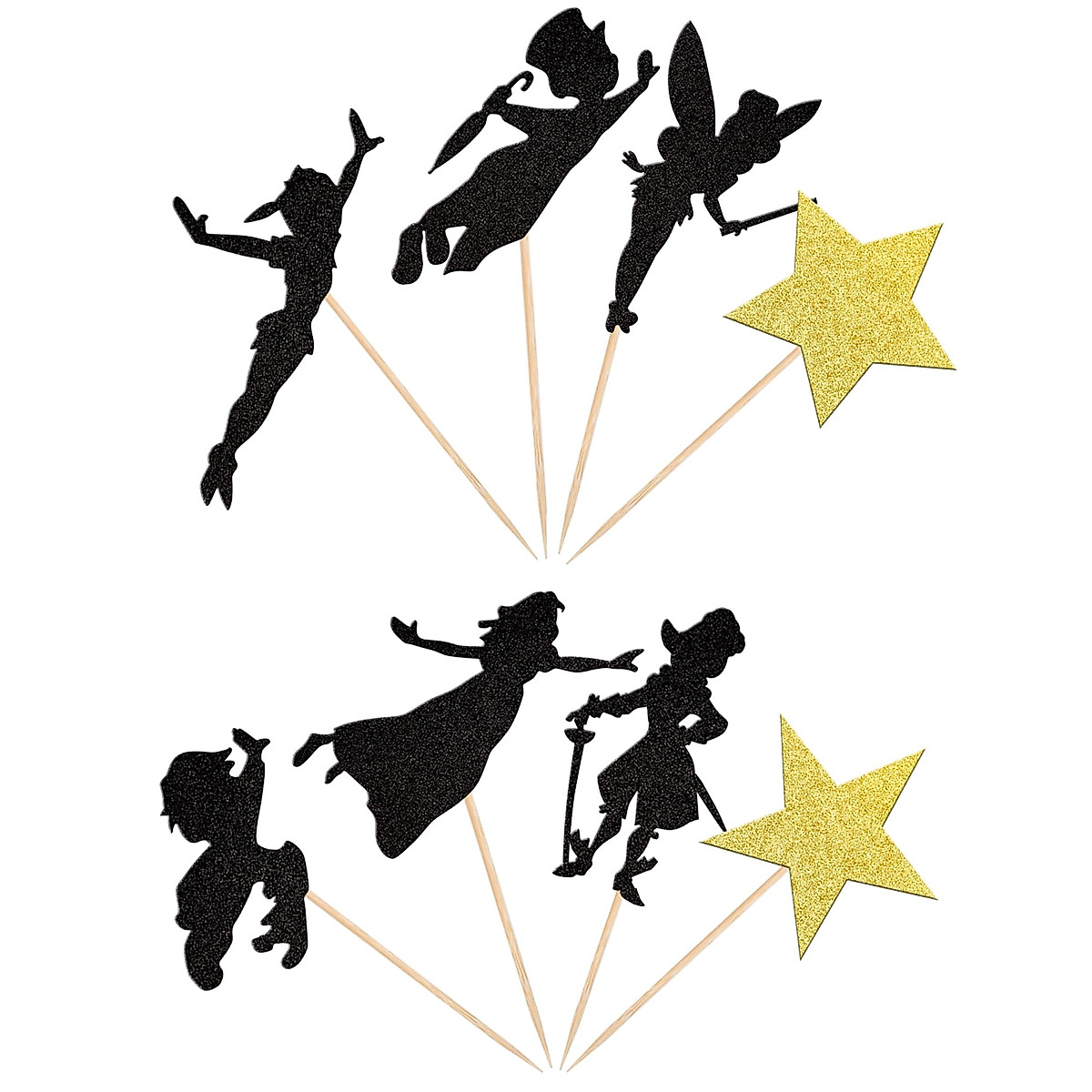 24 PCS Peter Pan Cupcake Toppers Glitter Star Do Not Grow Up Night Fairy Tales Neverland Elf Girl Cupcake Picks for Baby Shower Birthday Party Cake Decorations Supplies Gold Black