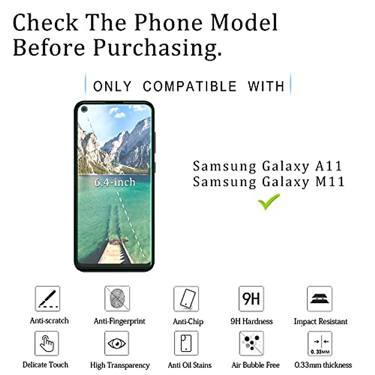 KATIN [2-Pack] Screen Protector For Samsung Galaxy A11, M11 Tempered Glass, Bubble Free, 9H Hardness, Support Fingerprint Reader, Opened Camera Hole