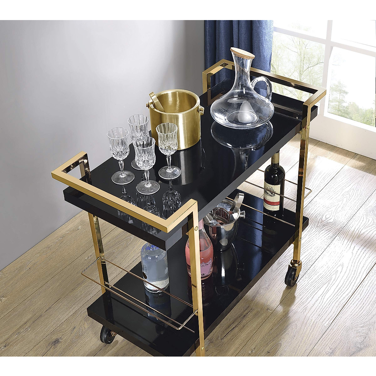 OSP Home Furnishings Alios Modern Serving Cart, Black Gloss Finish and Gold Frame