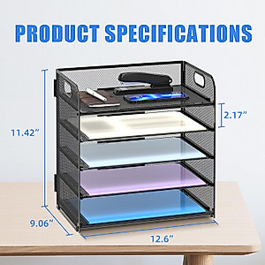 Supeasy 5 Trays Paper Organizer Letter Tray with Handle-Mesh Desk File Organizer,Black Paper Sorter Desk Organizer for Office,Home or School