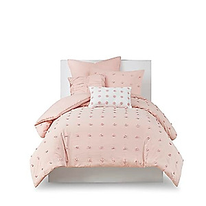 Urban Habitat Duvet Set 100% Cotton Jacquard, Tufts Accent, Shabby Chic All Season Cover for Comforter, Matching Shams, Decorative Pillows, Twin/Twin XL (68 in x 92 in), Pink 5 Piece