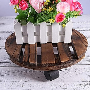 Round Wheeled Wooden Planter Caddy Movable Plant Flower Pot Stand with Wheels for Garden Home