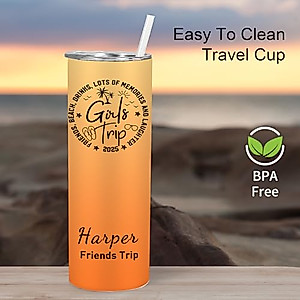 Personalized Girls Trip Tumbler, Custom Beach Vacation Tumbler with Name, Girls Weekend Gifts for Women, 2025 Girl Trip Cup Gifts, 20 oz Stainless Steel Cup with Straws, Bachelorette Party Gift