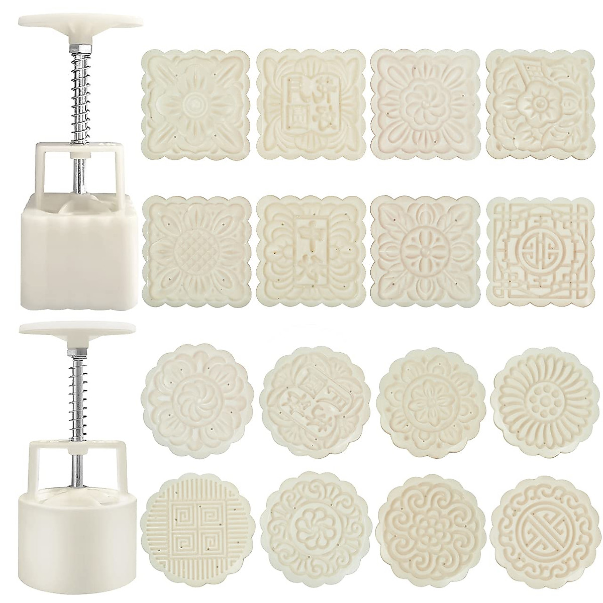 AIKEFOO Chinese Traditional Mid-Autumn Mooncake Mold，Biscuit Stamping Machine，18 pcs 100g/125g Different Round And Square Flower Pattern For 2 Sets.