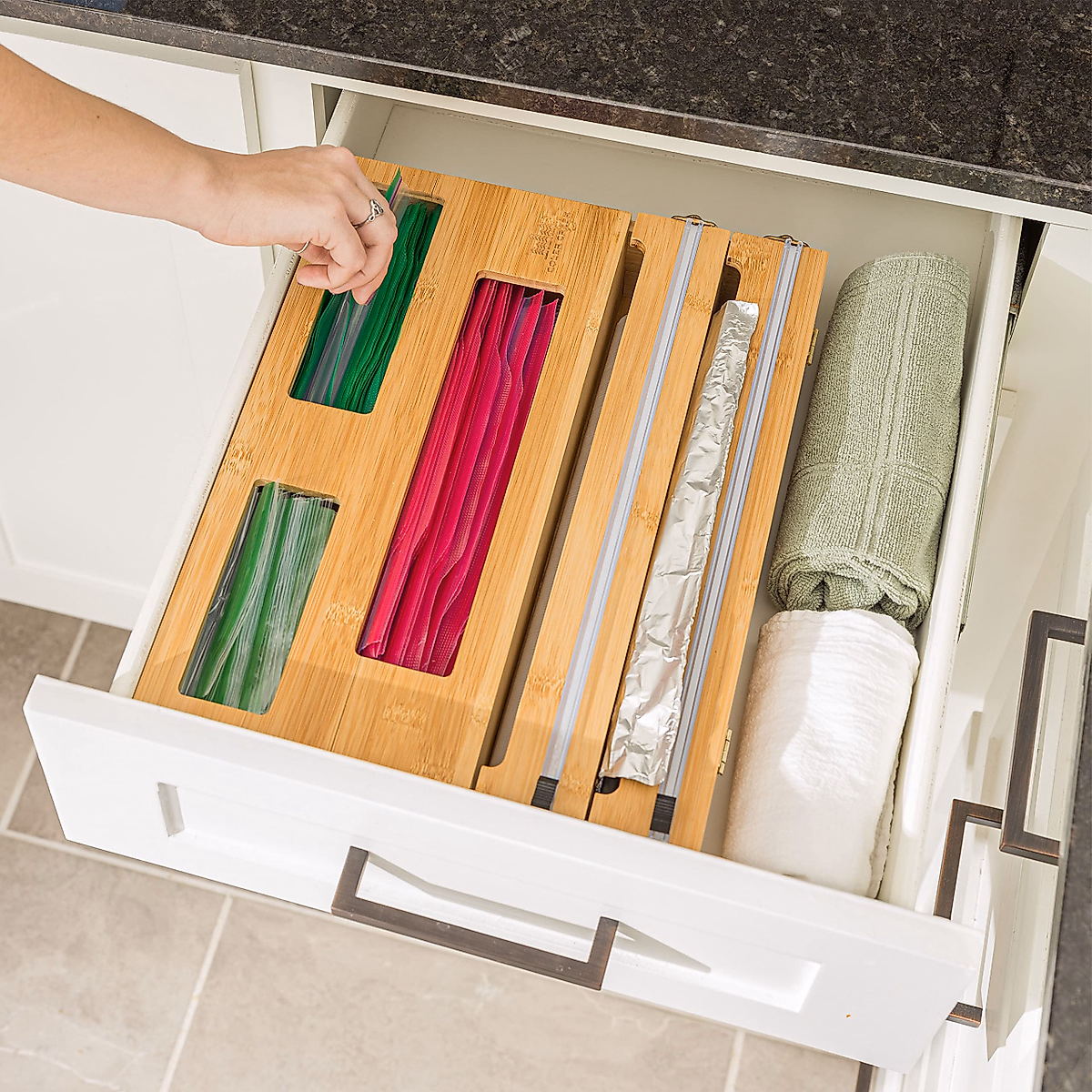 Coler Creek Kitchen Ziplock Bag Organizer | Foil & Plastic Wrap Dispenser | Fits All Size Bags | 2.5 Gallon, 2 Gallon, 1 Gallon, Quart, Sandwich, Snack