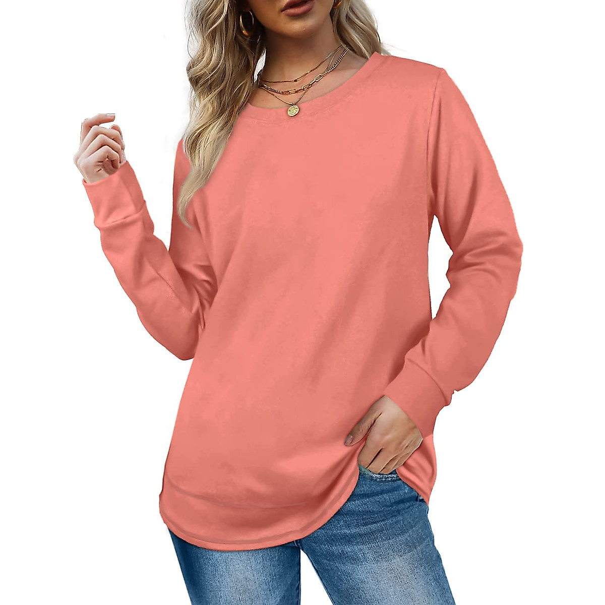 Dofaoo Oversized Sweatshirt for Women Crewneck Lightweight Cute Long Sleeve Tunic Tops Coral XL
