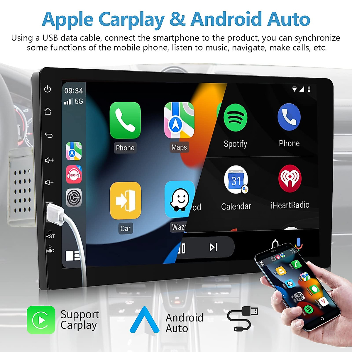 Single Din Car Stereo Support Carplay & Android Auto 9'' Touch Screen Car Audio EQ Multimedia Player Built-in Mirror Link USB Bluetooth Handsfree Call with FM/AM Radio Receiver Rear View Camera SWC