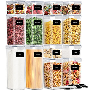 Airtight Food Storage Containers with Lids, 14 PCS Plastic Cereal Kitchen Stackable Food Storage Buckets Food Canisters for Kitchen Pantry Organization Snacks and Sugar Include 24 Labels, Black