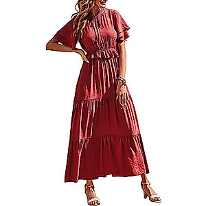 PRETTYGARDEN Womens Summer Boho Maxi Dress Short Sleeve V Neck Ruffle Trim High Waisted Tiered Party Flowy Long Dresses 2023 (Red, X-Large)