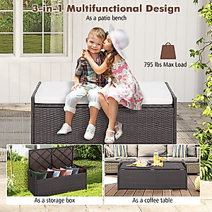 HAPPYGRILL 34 Gallon Patio Storage Bench Deck Box, 3-in-1 Rattan Wicker Storage Box with Seat Cushion & Zippered Protective Liner, Effort-Saving Gas Strut
