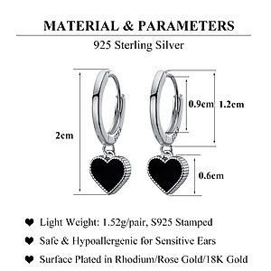 SLUYNZ 925 Sterling Silver Black Heart Hoop Earrings for Women Love Heart Hoop Earrings Huggie (A-Silver)