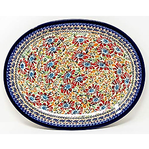 Polish Pottery Large Serving Platter in Floral Garden Pattern painted by Anna Janczyk from Zaklady Boleslawiec, dimensions 13.5" x 11"