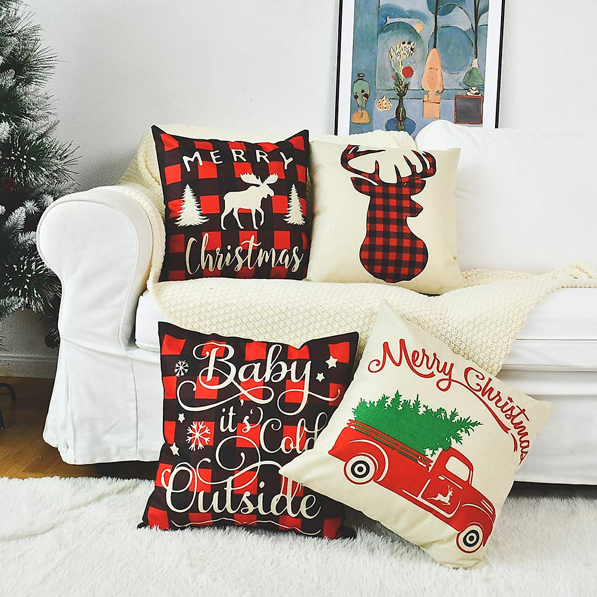 PSDWETS Christmas Pillow Covers Set of 4 Christmas Decorations Cotton Linen Winter Deer Christmas Decor Throw Cushion Cover 18 X 18