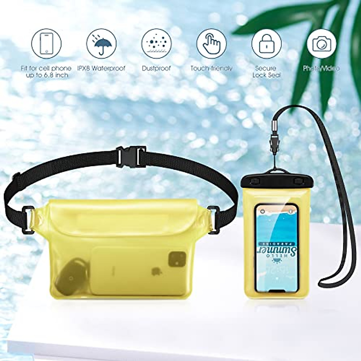 MILPROX Waterproof Phone Holder Pouch, [2 Pack] Universal Float Dry Bag，IPX8 Underwater Fanny Pack Phone Case with Neck Arm Waist Strap for All iPhone Galaxy Pixel Phone Up to 7.0" -Yellow