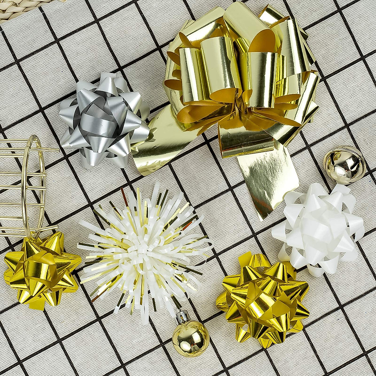 WRAPAHOLIC 40 Pcs Gift Bows Assortment - 28 Assorted Size Gift Bows(Gold&Silver&White), 1 Pull Bow, 2 Tinsel Bows, 2 Fountain Bows, 2 Curly Bows, 4 Curling Ribbons, 1 Cotton Twine