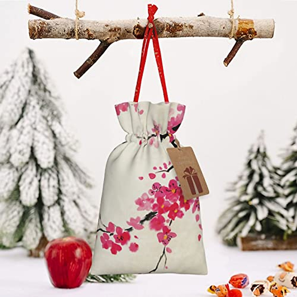 Drawstrings Christmas Gift Bags Blossoming-Oriental-Cherry-Branch Presents Wrapping Bags Xmas Gift Wrapping Sacks Pouches Medium