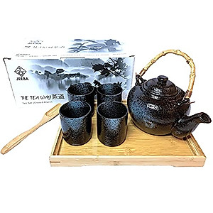 Japanese Asian Tea Set Ceramic Teapot with Strainer, Rattan Handle, 4 Tea Cups, Tea Scoop, Wooden Serving Tray and Instructions - Modern Teapot Set for Home and Office - Gift