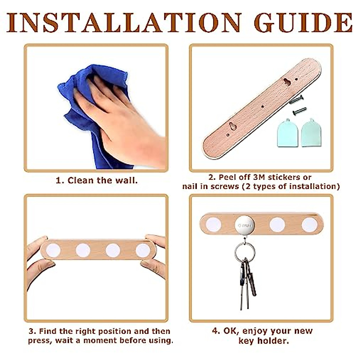 DAUH Magnetic Key Holder, Original Wooden Adhesive Magnetic Key Holder for Wall, Strong Magnet Key Holder Home with 4 Key Rings for Door Entryway Hallway Office