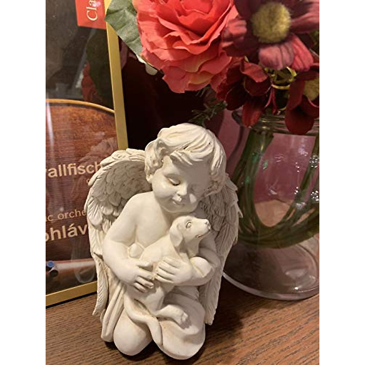 Angel with Dog Statue Pet Dog Memorial Statue Indoor Outdoor Home Garden Guardian Rememberance Dog Puppy Figurine, 7-in