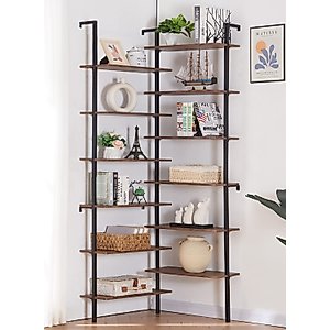 HOMISSUE Corner Bookshelf,12-Tier L Shaped Bookshelf, Double Wide Corner Wall Mount Bookcase with Metal Frame and Wood, Modern Industrial Corner Shelf for Living Room, Kitchen, Home Office Brown