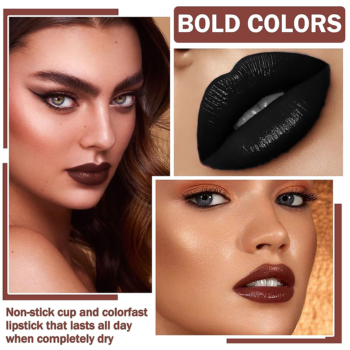 QIUFSSE 3 in 1 Black Lip Liner Pencil and Lipstick lipgloss Set Matte Black Lipstick Lip Gloss Kit Long-lasting Nonstick Cup Smudge Proof Lip Kits with Lip Liner,Velvet Goth Makeup (12#Black Magic)