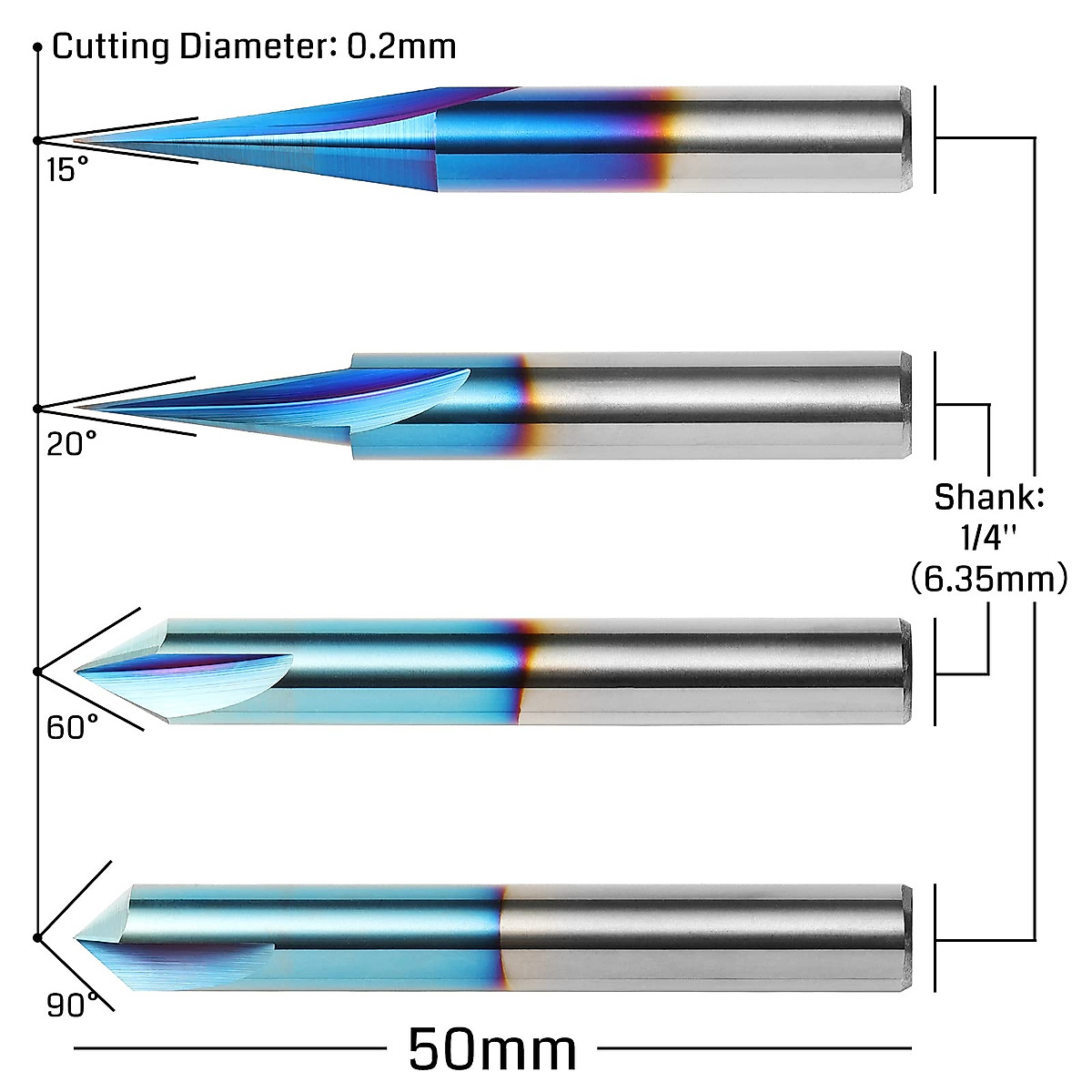 Genmitsu CNC Wood Carving Router Bits Set, 1/4'' Shank, 4 PCS, 15° Detail Carving Liner+ 20° Profile bit+ 60° & 90° V Groove, WC04A