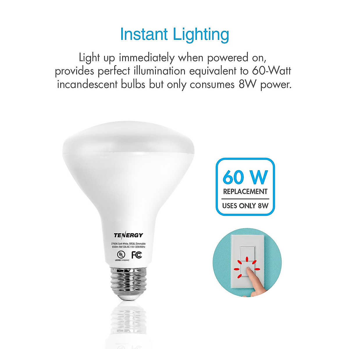 Tenergy Dimmable LED Flood Light Bulbs, 60 Watt Equivalent (8W), Warm White Soft White (2700K), BR30 E26 Medium Standard Base Recessed Light Bulbs for Can Ceiling Light, UL Listed (Pack of 8)