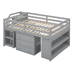 Merax Full Size Loft Bed with Retractable Writing Desk and 3 Drawers, Wooden Loft Bed