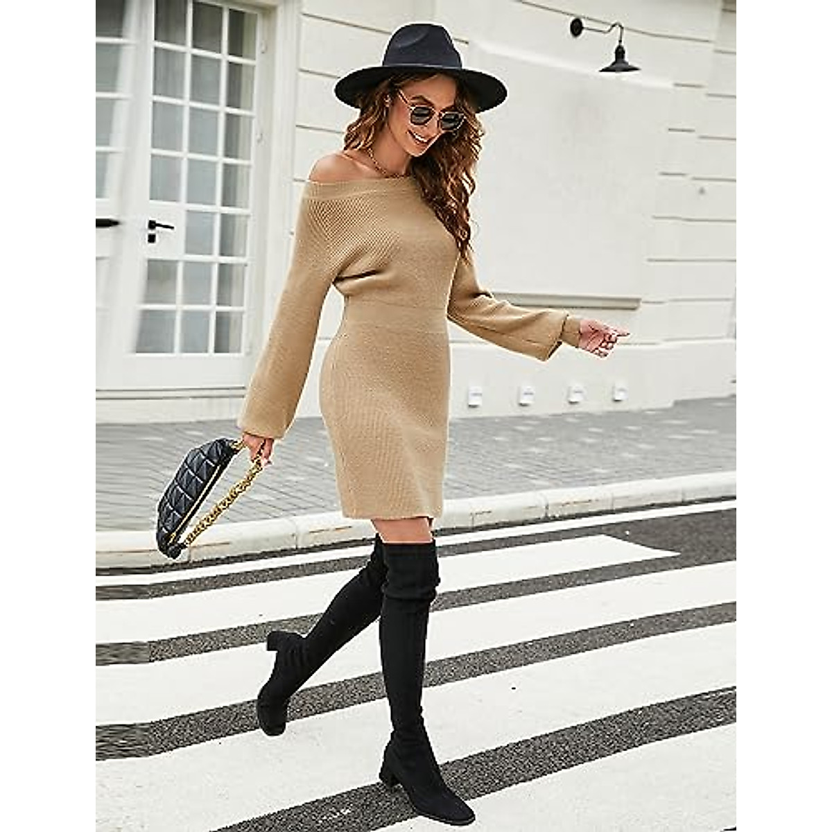 Blooming Jelly Womens Sweater Dress Sweater Knit Long Sleeve Elegant Mini Sweaters Fall 2023(Large, Khaki)