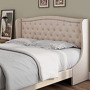 HOSTACK Queen Size Bed Frame, Modern Upholstered Platform Bed with Wingback Headboard, Heavy Duty Button Tufted Bed Frame with Wood Slat Support, Easy Assembly, No Box Spring Needed(Beige, Queen)