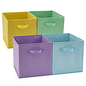 EZOWare Set of 4 Foldable Fabric Basket Bin, 13 x 15 x 13 inch Collapsible Organizer Storage Cube with Handles for Home, Bedroom, Baby Nursery, Office, Kids Playroom- Assorted Color