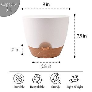 Giraffe Creation 9 inch Plant Pots 2-Pack, Self Watering Flower Pots Indoor Outdoor, Planters with Drainage Hole Saucer Reservoir, White Brown