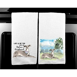 Italian Greyhound Landscape and Watercolor Dog Life is Better Microfiber Kitchen Tea Towel Set of 2