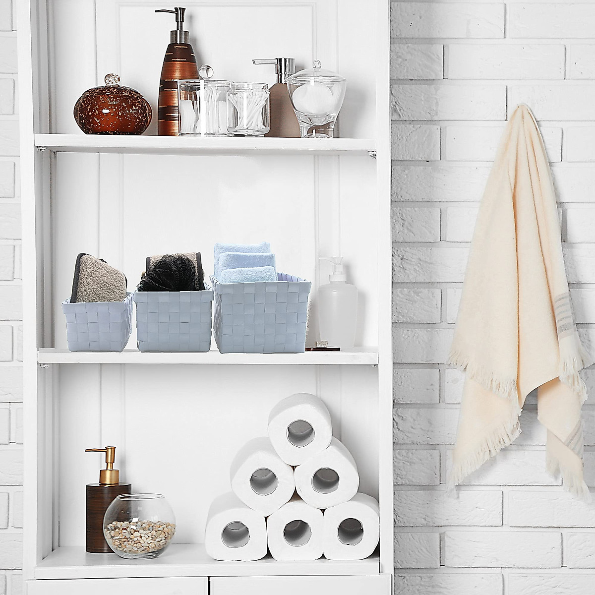 Checkered Woven Strap Storage Baskets Totes Set of 3 White