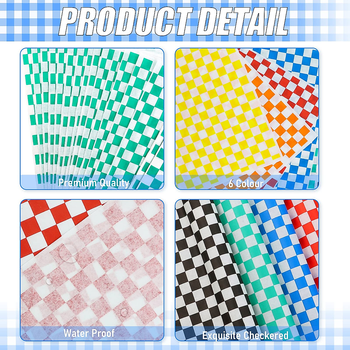 Hslife 180 Sheets Checkered Dry Waxed Deli Paper Sheets, Paper Liners for Plasic Food Basket, Wrapping Bread and Sandwiches(11.6''x11.6'',6 Colors)