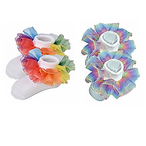 Hopply Toddler Girls Double Lace Socks Turn Cuff Shimmering Big Ruffle Rainbow Style Dress Lace Socks for Infant Kids