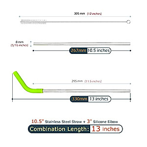 Big Drinking Straws Reusable 13" Extra Long 8mm Extra Wide Food-Grade 18/8 Stainless Steel Silicone Elbows Tips for Smoothie Milkshake Cocktail Juice Hot Drinks - Set of 4 + 2 Cleaning Brushes