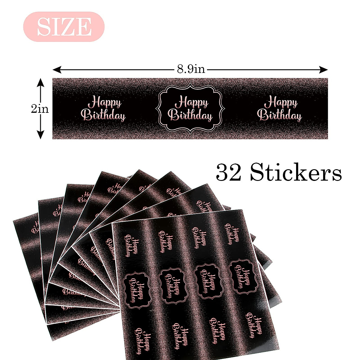 Black and Rose Gold Happy Birthday Water Bottle Labels Stickers/Happy Anniversary Bottle Wrappers/Birthday Party Water Labels Supplies (Set of 32)