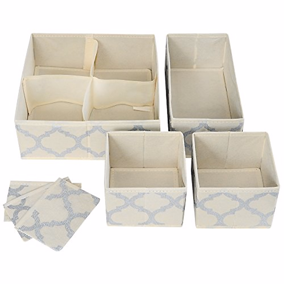 Set of 4 Organizer Bins with Dividers for Closet Dresser Drawer Inserts Bathroom Dorm or Baby Nursery; Store Socks Underwear Clothes; Clothing Organization; (Set of 4, Yellow-tinted Beige)