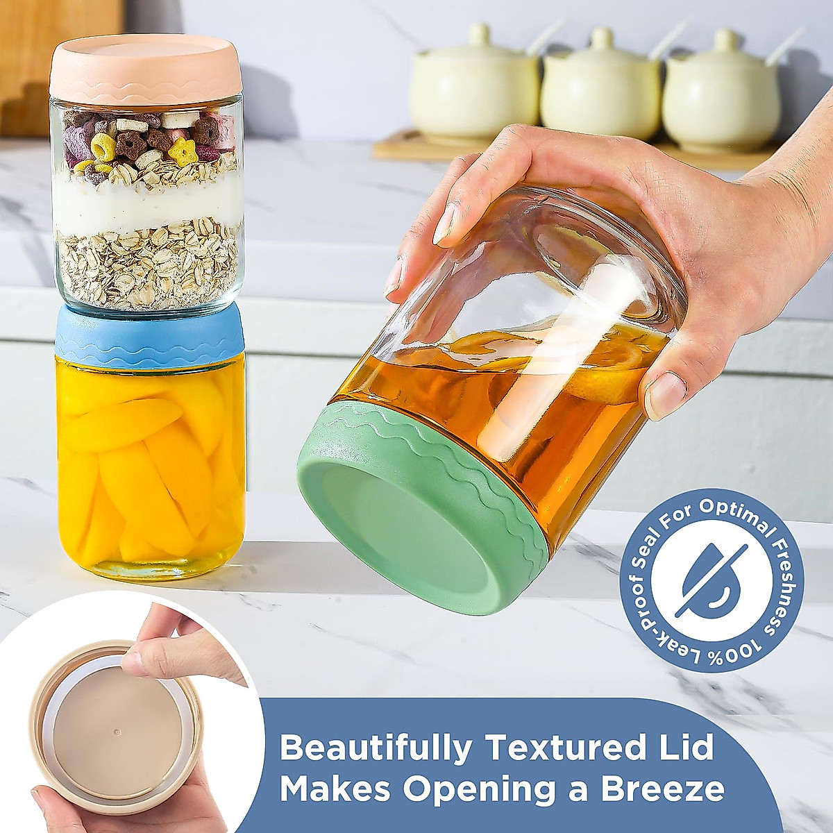 DRKIO 16 Oz Overnight Oats Containers with Lids - 4 Pack Glass Storage Jars with Airtight Lids Wide Mouth Mason Food Jars Great for Meal Prep Salad Chia Pudding Snacks Yogurt Sugar Spice Cereal