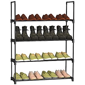 BIWHALE 4-Tier Stackable Shoe Rack, Expandable & Adjustable Fabric Shoe Shelf Storage Organizer, Black