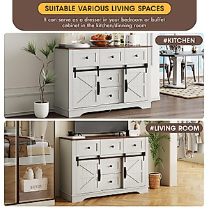 Vabches Farmhouse Sideboard Buffet Cabinet with Storage, Large Kitchen Sideboard Cabinet, Sliding Barn Doors and 5 Drawers, Adjustable Storage Shelves, Coffee Bar Table for Dining Room, White