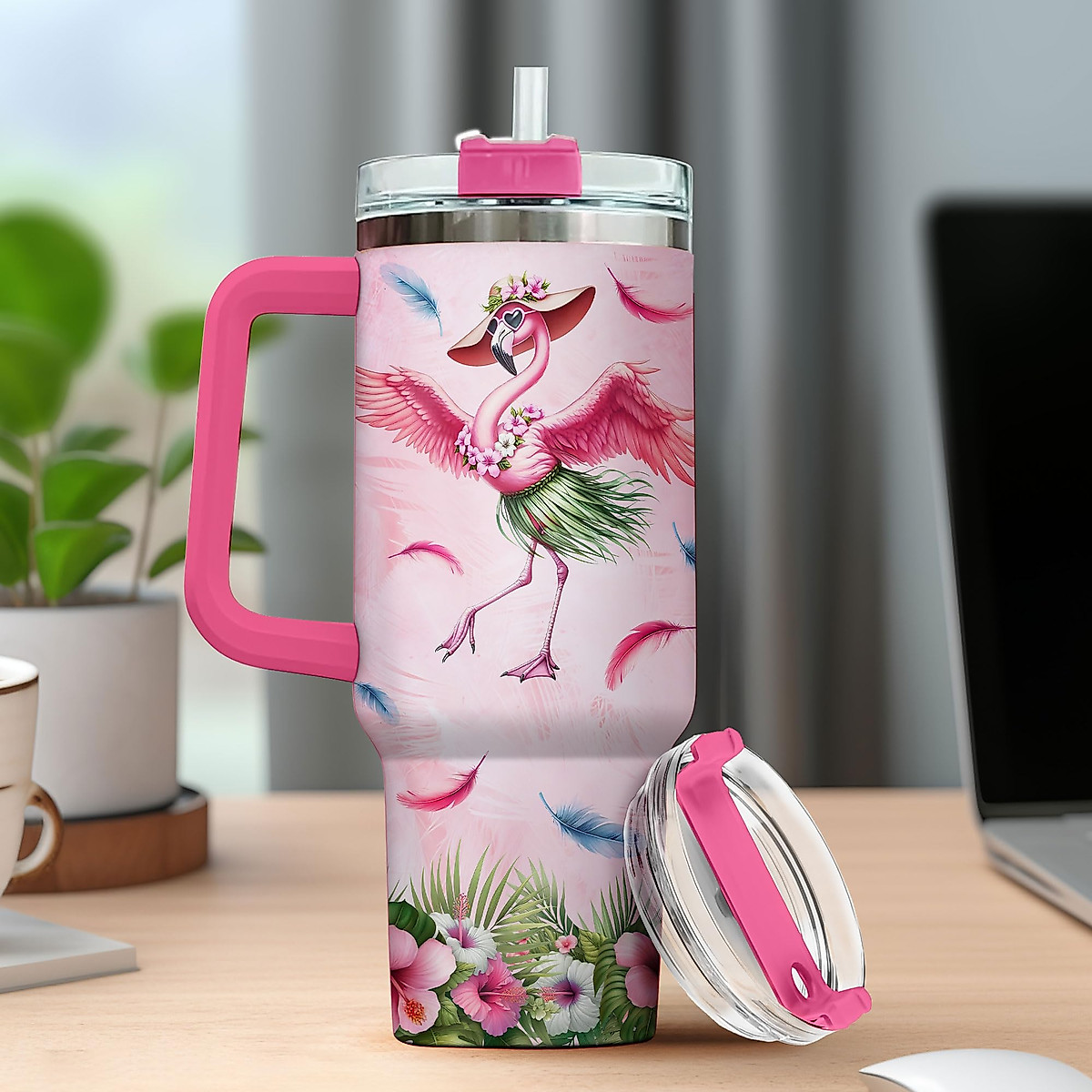 Red Steel Women Adults For Coffee Flower Tumblers Stainless Rose Simple Handle Quartz, Tumbler 40 Oz With Handle Lid And Straw, Funny Flamingo Tropical Floral, Flamingo Gifts