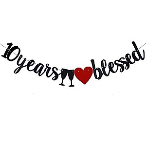 MJJLT 10 Years Blessed Black Paper Sign Banner for Boy/Girl's 10th Birthday Party Supplies,Pre-Strung 10th Wedding Anniversary Party Decorations