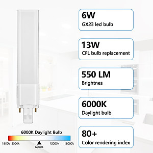 HengBO GX23 LED Bulb, 6W PL Horizontal Lamp, 13W CFL Bulb Equivalent, 180° Beam Angle, 6000K Daylight Recessed Down Light Bulb (Remove/Bypass The Ballast) – 2 Pack