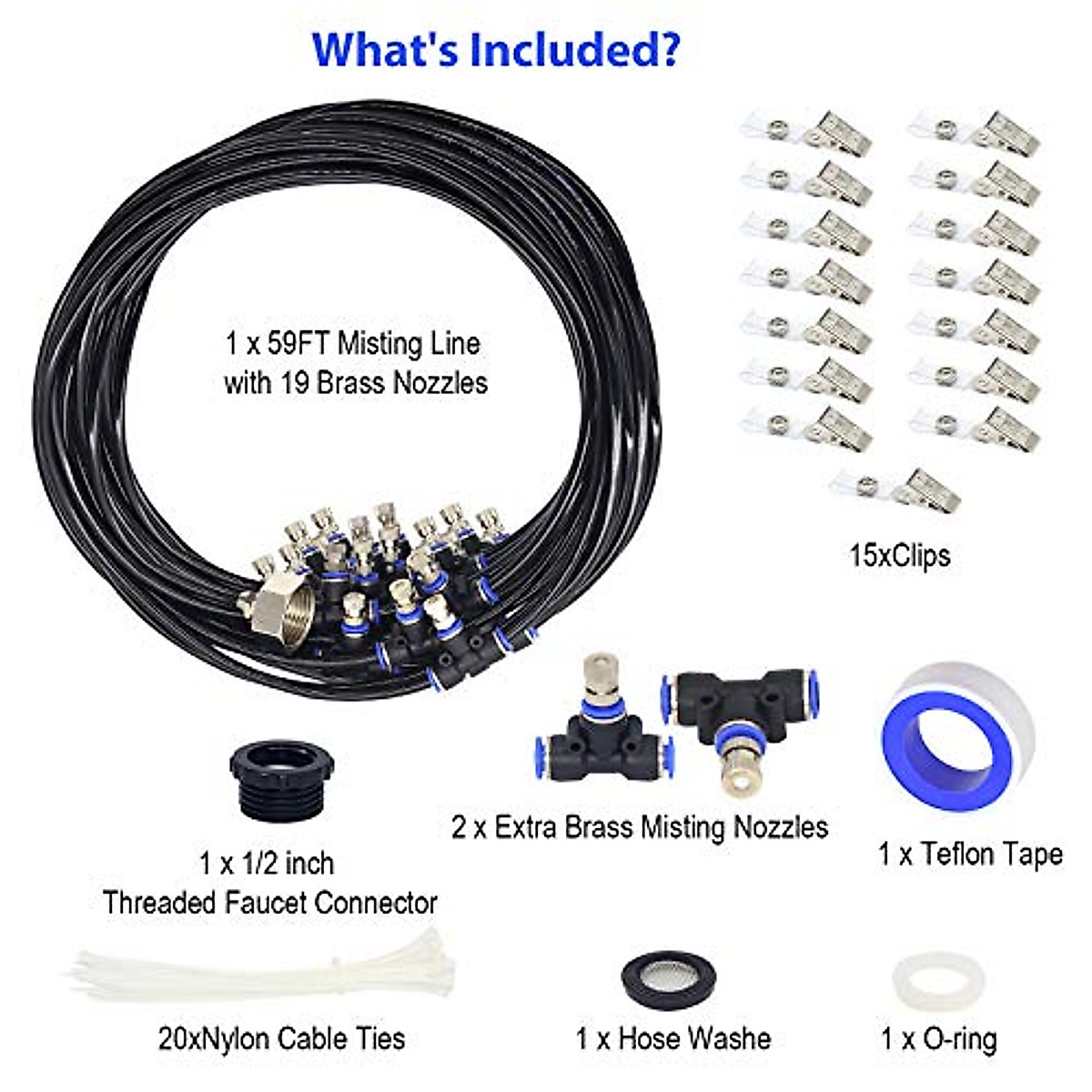 YuYo Misting System, Misters for Outside Patio, 59FT Misting Line +19 Brass Mist Nozzles + 3/4" Brass Adapter Outdoor Misters System for Patio Greenhouse Garden Gazebo Poolside Umbrella Trampoline